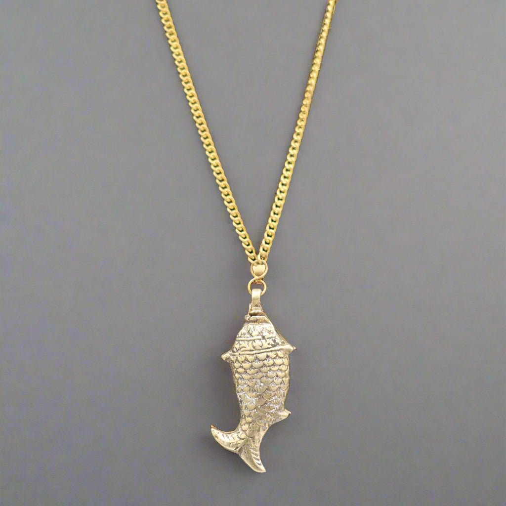 Vintage Brass Embossed Fish Necklace at Bellbazaar.com